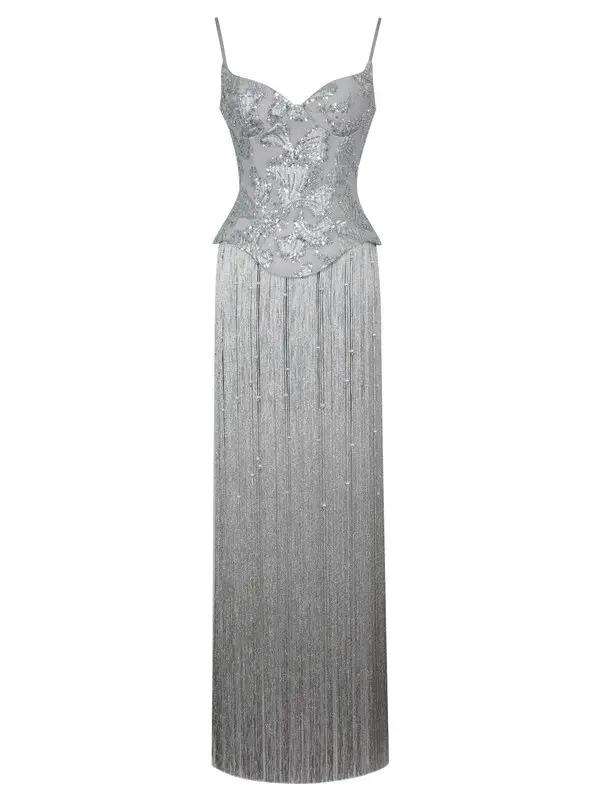 MISS CIRCLE NEW YORK Olisa Beaded Peplum Tassel Maxi Dress - Silver