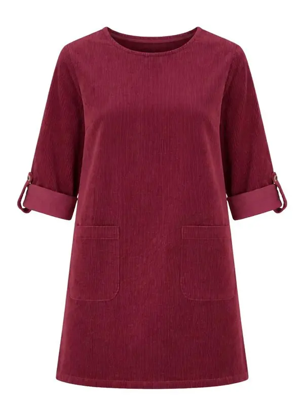 YUMI Burgundy Cord Tunic Dress With 3/4 Sleeves And Pockets - Red
