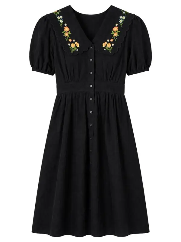 YUMI Short Sleeve Midi Dress With Floral Embroidery - Black