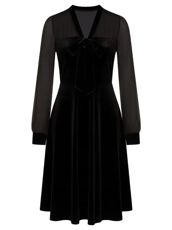 YUMI Velvet Pussy Bow Sheer Sleeves Skater Dress - Black