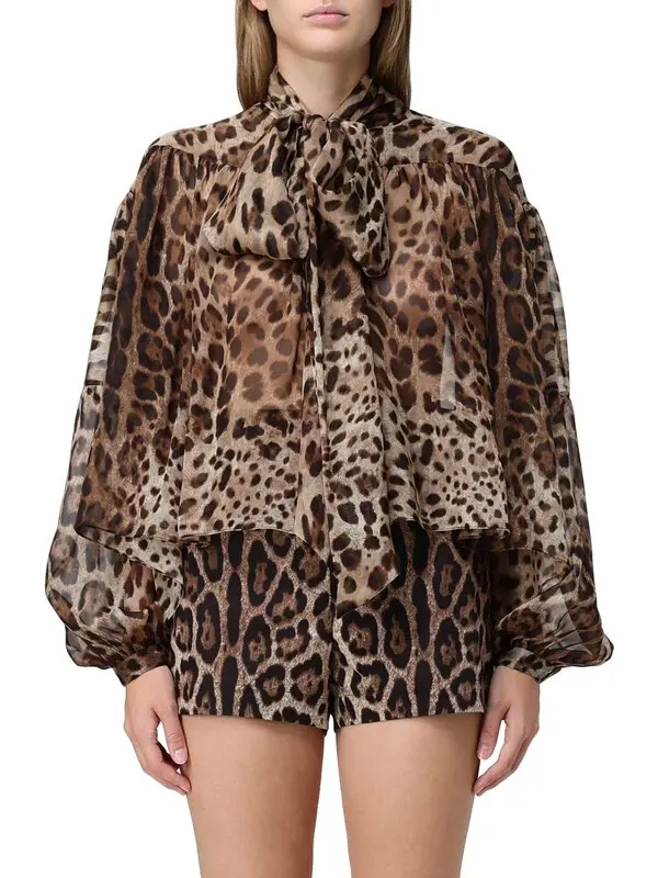 Dolce & Gabbana Animalier-print Silk Pussy-bow Shirt - Brown