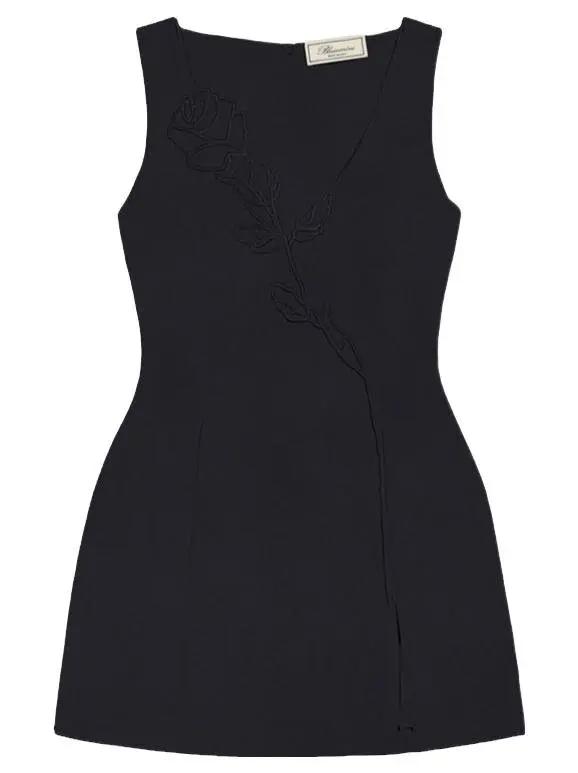 Blumarine Rose-embroidered Sleeveless Mini Dress - Black