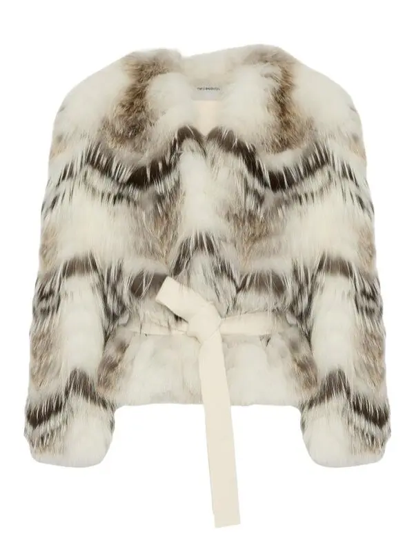 YVES SALOMON Belted Cardigan In Merino Knit And Fox Fur - Nude