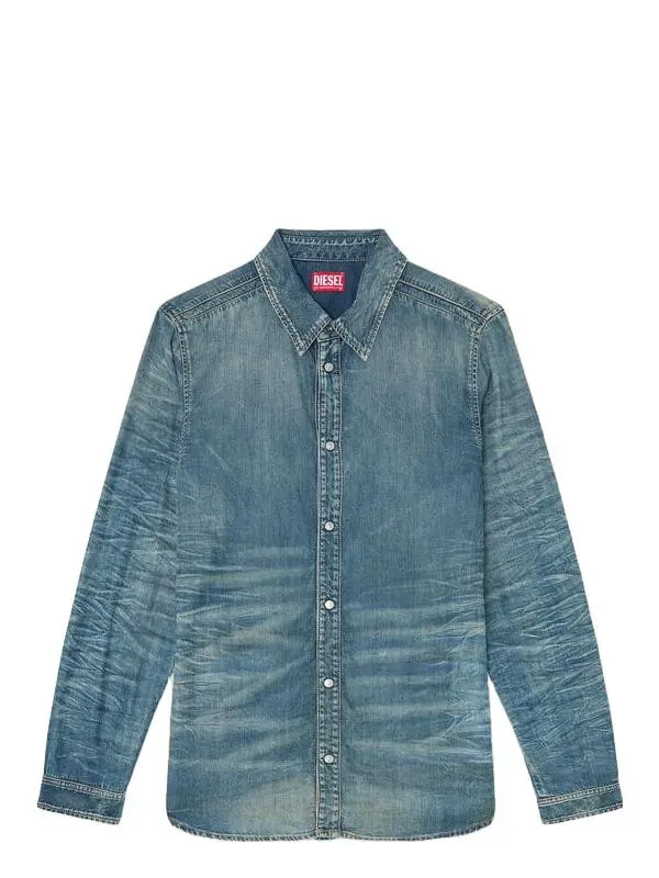 DIESEL® Shirt In Dirty-effect Creased Denim - Blue