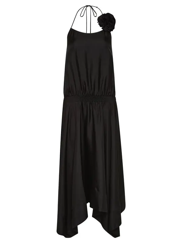 ST. AGNI Silk Halter Rosette Midi Dress - Black