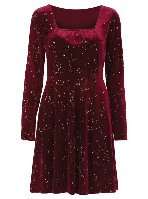 YUMI Burgundy Star Foil Print Long Sleeve Skater Dress - Red