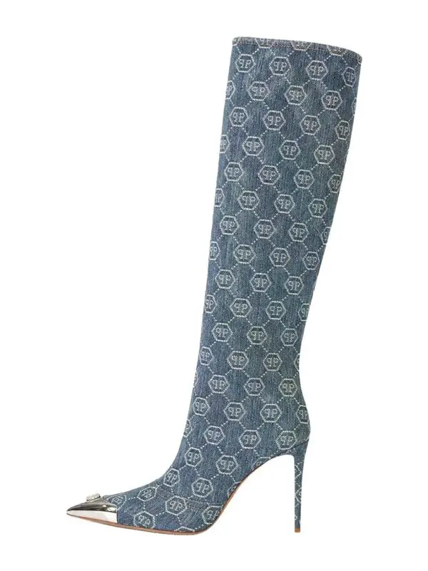 Philipp Plein Monogram-print Pointed-toe Demin Boots - Blue