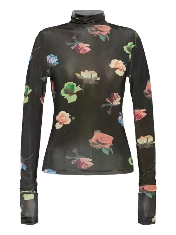 GANNI Floral-print High-neck Top - Black