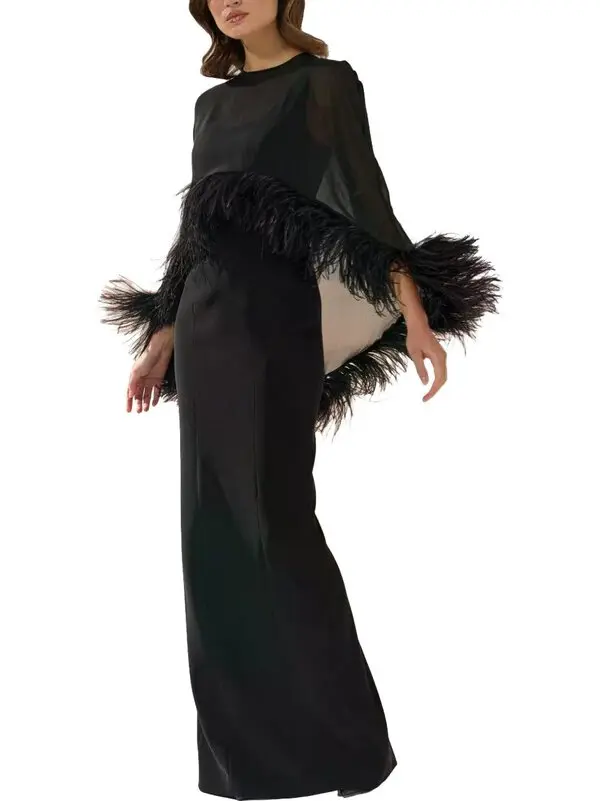 SILK LOVE & LACE Vera Feather-trimmed Gown - Black