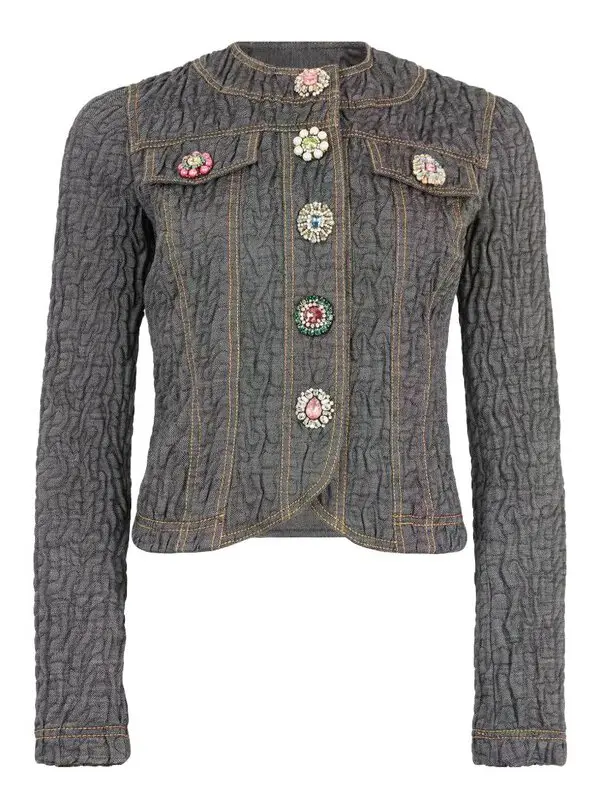 Moschino Jewel-embellished Crinkled Denim Jacket - Grey