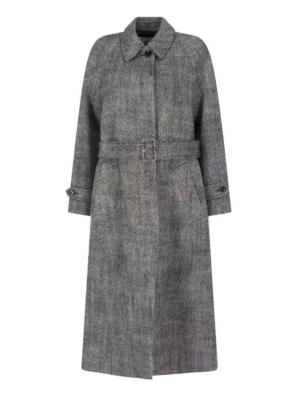 LARDINI Herringbone-pattern Belted Coat - Grey