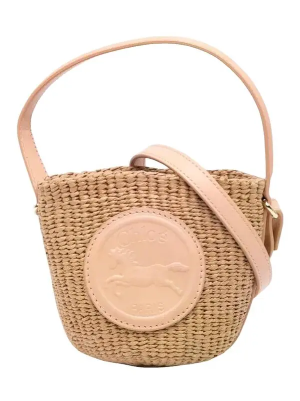 Chloé 2020-2026 Mifuko Mini Raffia Horse Medal Basket Bag Satchel - Neutrals