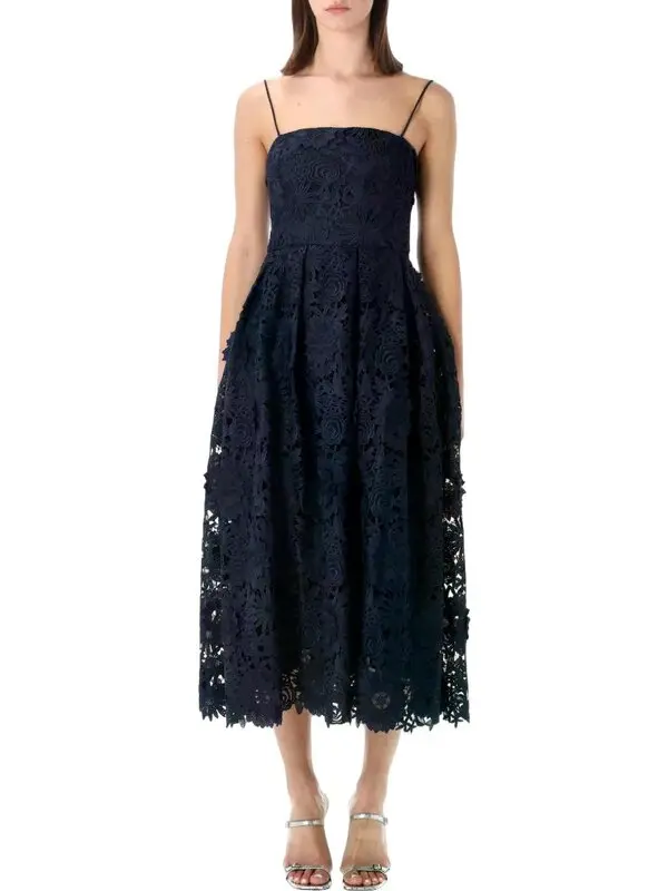 ROTATE BY BIRGER CHRISTENSEN 3d Lace Flared Midi Dress Dark - Blue