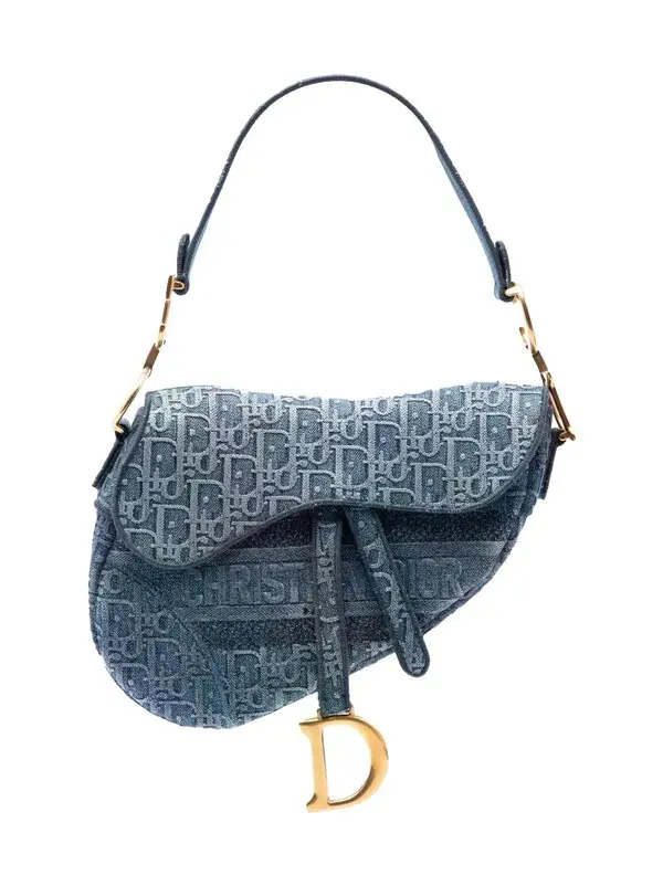 Dior 2019 Oblique Embroidered Denim Saddle Bag Shoulder Bag - Blue