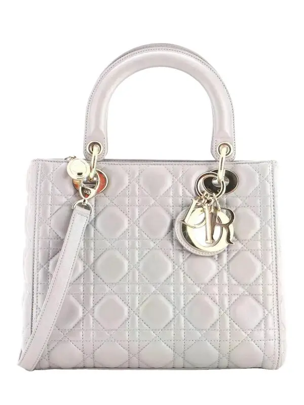Dior Lady Bag Cannage Quilt Metallic Leather Medium Satchel - Grey