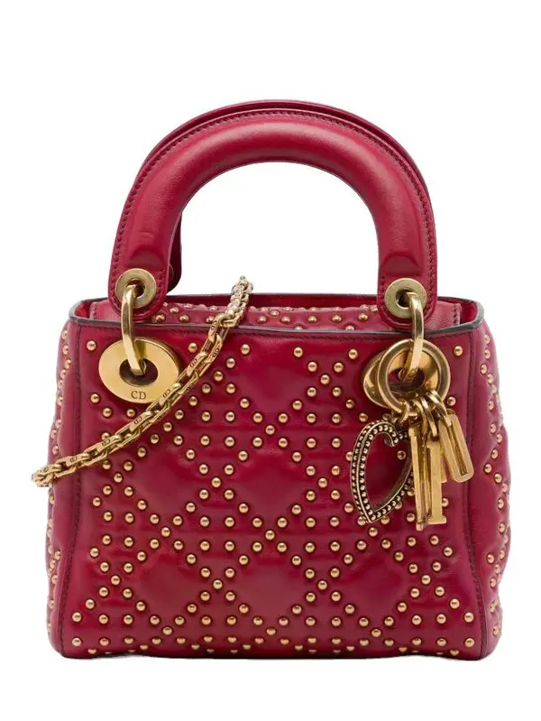 Dior 2017 Mini Lambskin Cannage Studded Supple Lady Satchel - Red