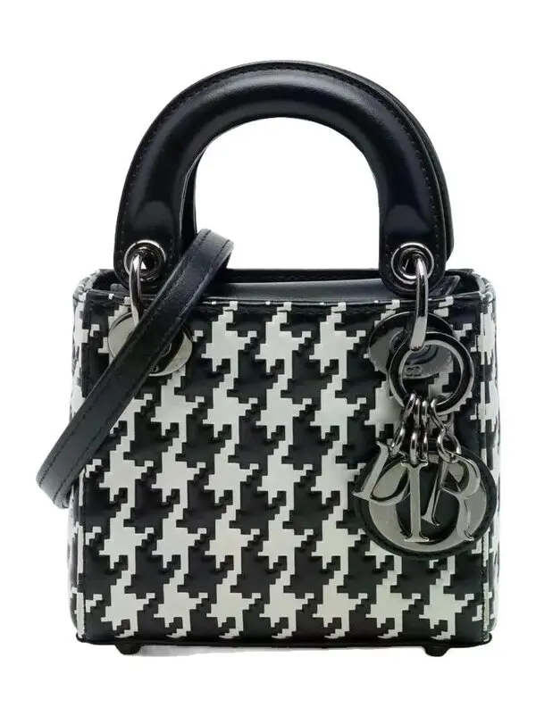 Dior 2022 Micro Calfskin Houndstooth Embossed Macro Lady Satchel - Black