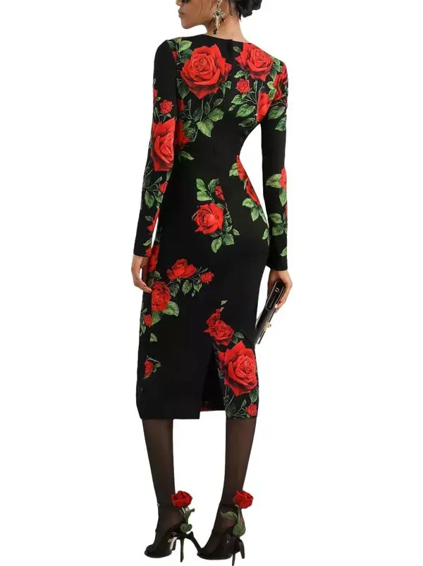 Dolce & Gabbana Rose-print Charmeuse Midi Dress - Black