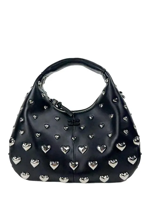 GANNI Recycled Leather Handbag With Butterfly Logo And Heart Embroidery - Black