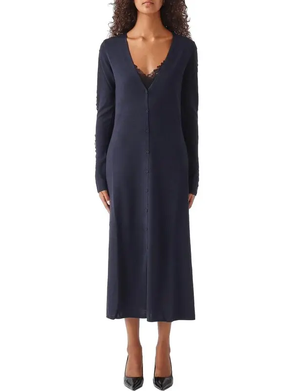 Pinko Wool Knit Midi Slip Dress With Lace Inserts - Navy