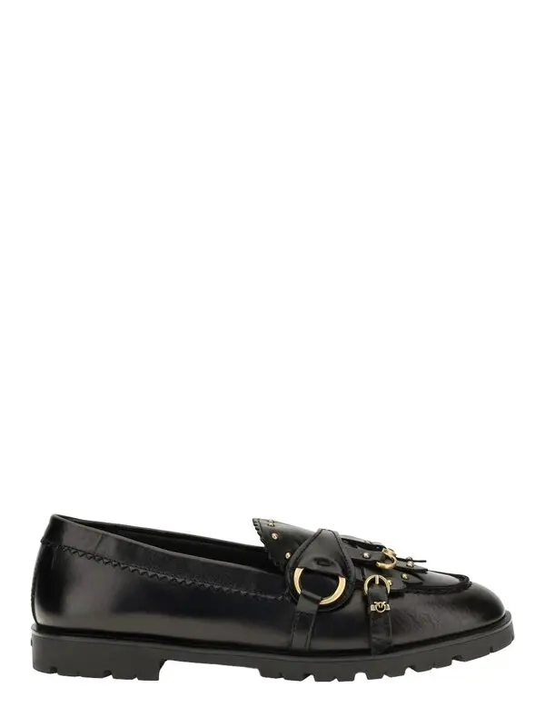 Pinko Leather Penny Loafers With Fringes And Lug Sole - Black