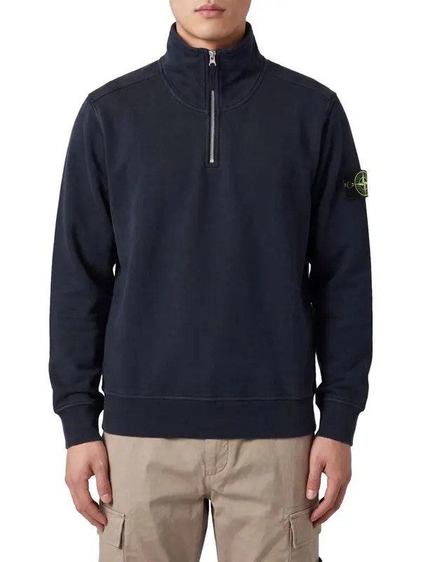 Stone Island Half-zip Cotton Funnel Neck Sweatshirt With Compass Logo Patch - Blue