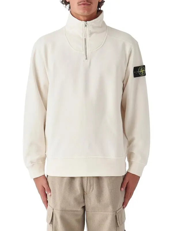 Stone Island Half-zip Cotton Funnel Neck Sweatshirt With Compass Logo Patch - Ivory