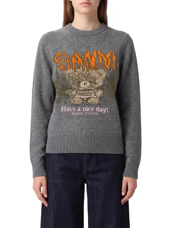 GANNI Merino Wool Blend Crewneck Jumper With All-over Jacquard Logo - Grey