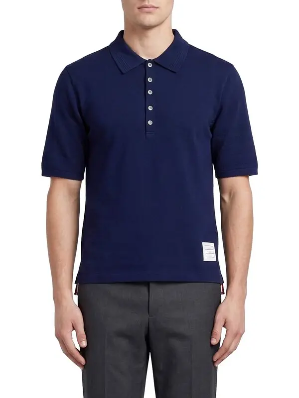 Thom Browne Cotton Polo Shirt With Five-button Placket And Contrast Logo - Navy