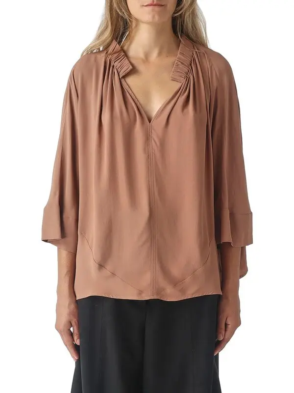 MEIMEIJ V-neck Silk Blend Blouse With Long Sleeves And Dropped Shoulders - Pink
