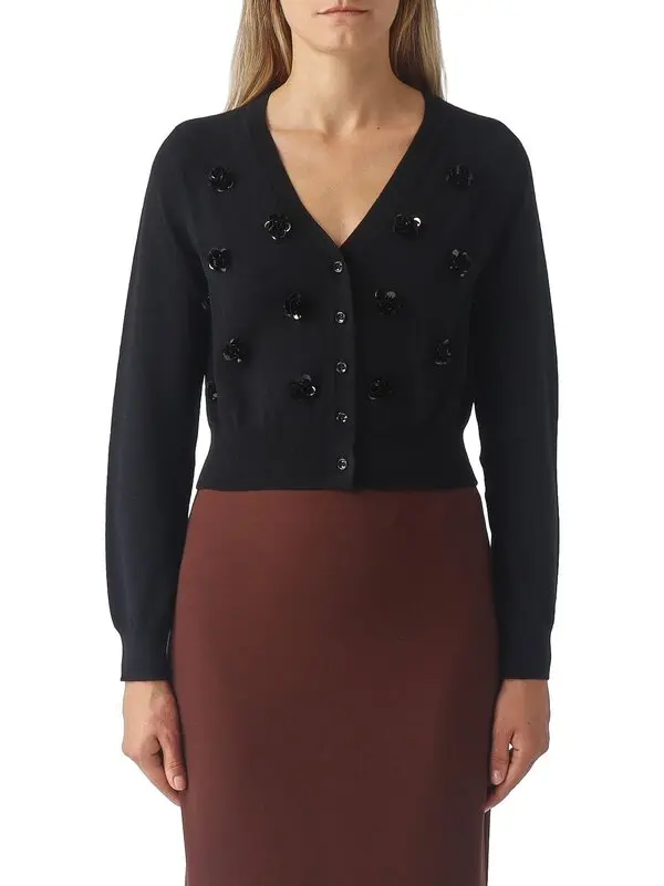 MEIMEIJ Cropped Wool V-neck Cardigan With Crystal Embellishment - Black