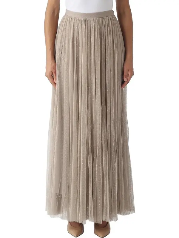 TWINSET High-waisted Pleated Midi Skirt In Tulle With Side Zip Closure - Mastic