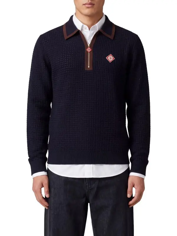 Casablanca Long-sleeved Pure Wool Knit Polo With Zip And Logo Patch - Blue