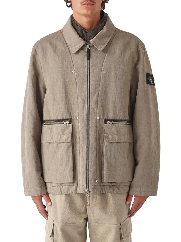 Stone Island Cotton And Wool Blend Windbreaker Jacket With Primaloft® Padding - Biscuit
