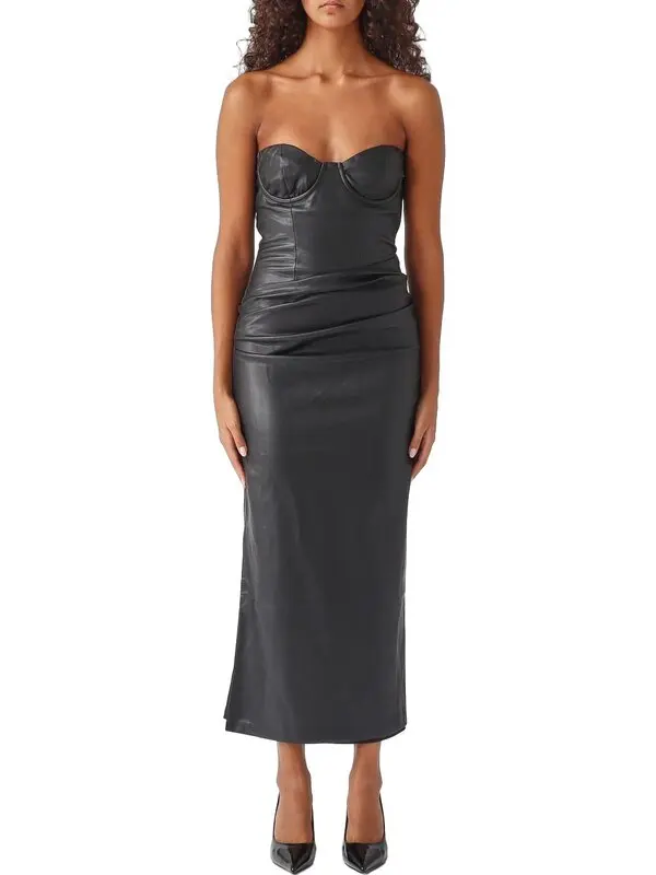 TWENTY FOURHAITCH Faux Leather Sheath Midi Dress With Sweetheart Neckline - Black