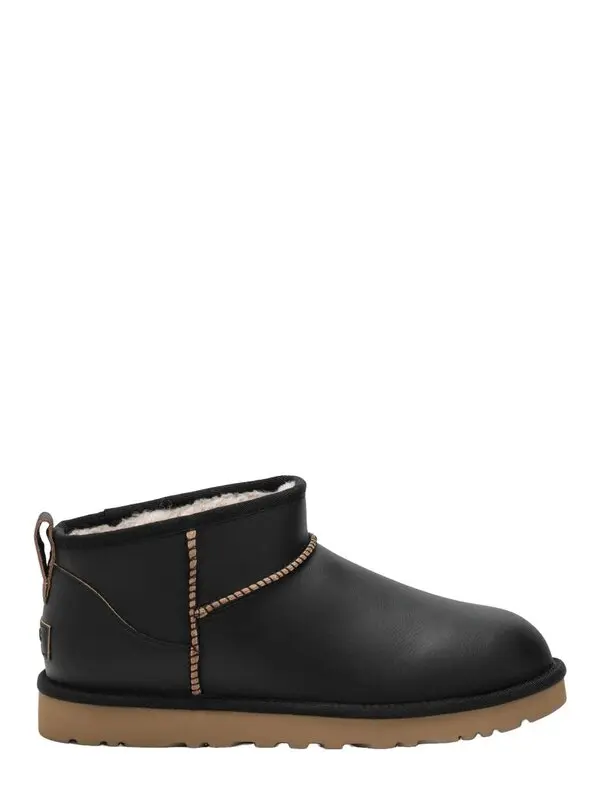 UGG Classic Ultra Mini Leather Ankle Boots With Wool Lining - Black