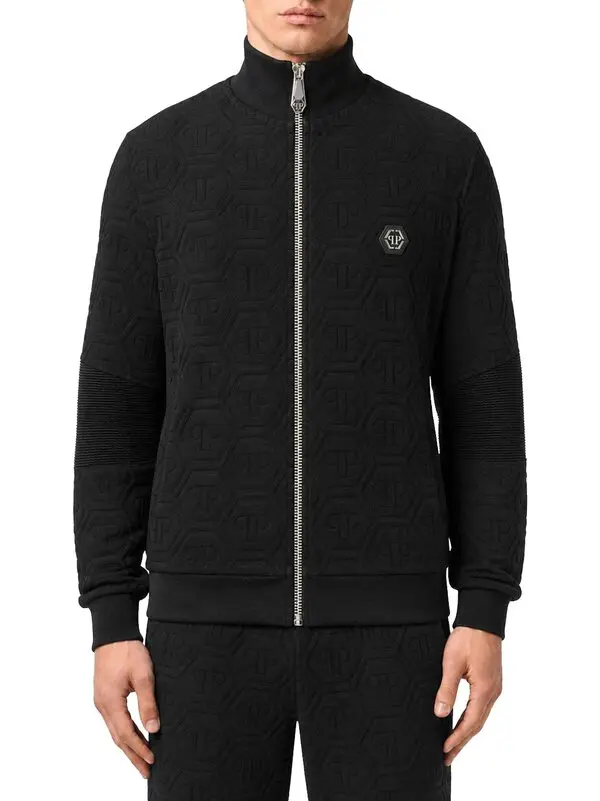 Philipp Plein Jersey Zip-up Sweatshirt With High Neck And Jacquard Hexagon Logo - Black