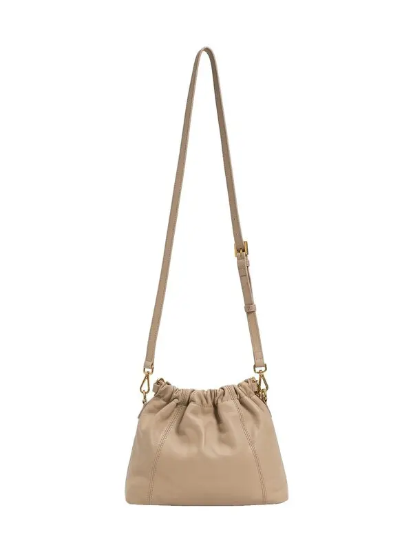 TWINSET Smooth Leather Bucket Bag With Metallic Mesh Handle - Kaki