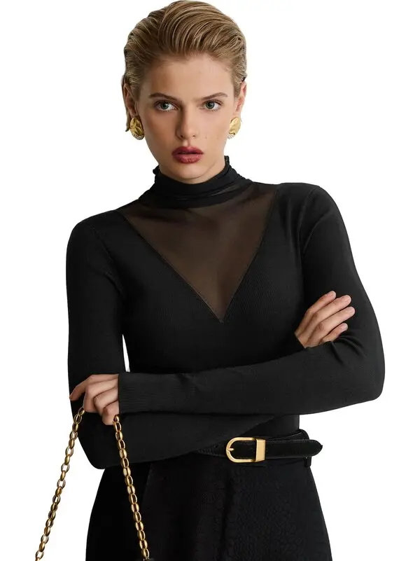 REISS Vanessa Sheer-panel Long-sleeve Top - Black