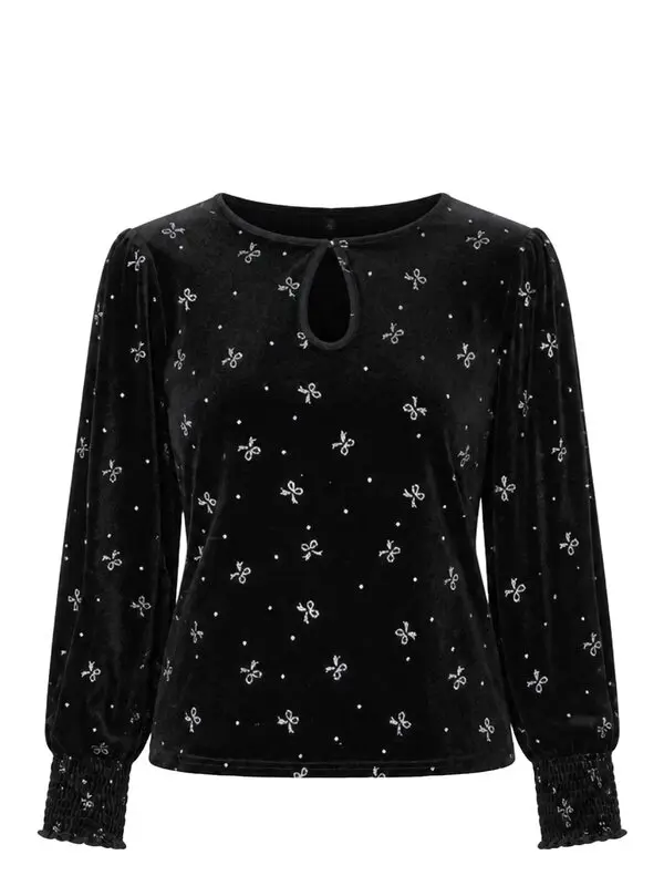 YUMI Sparkle Bow Print Velvet Top - Black