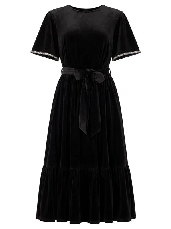 YUMI Velvet Midi Dress With Embellished Sleeve - Black