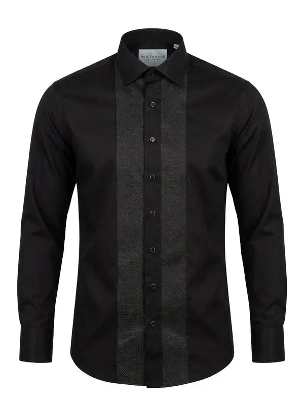 RON TOMSON Lurex Paneled Spread Collar Tux Shirt - Black