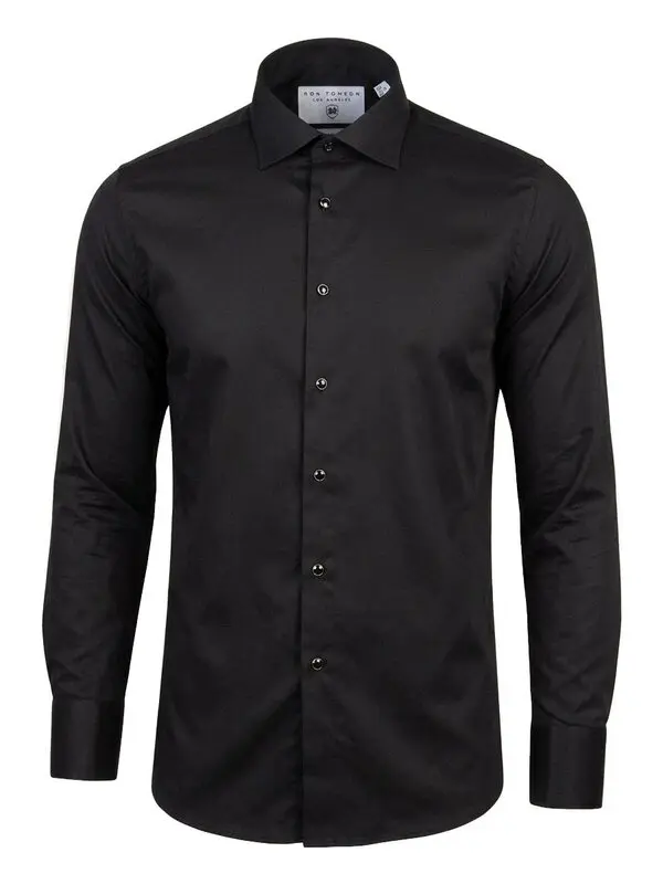 RON TOMSON Pure Cotton Classic Collar Stud Button French Cuff Tuxedo Shirt - Black