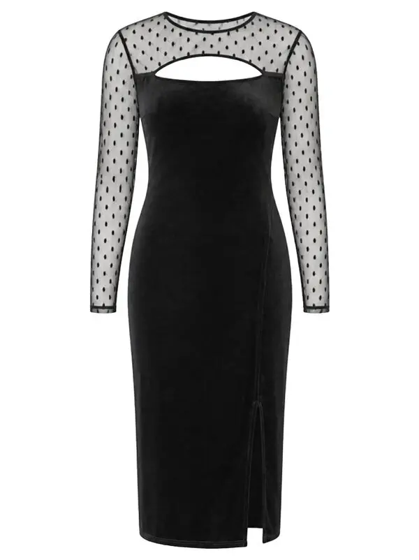 YUMI Velvet Midi Dress With Slash Neckline & Sheer Sleeves - Black