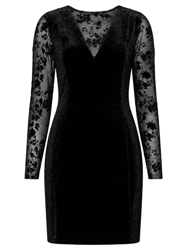 YUMI Fitted Velvet Dress With Sheer Floral Sleeves - Black