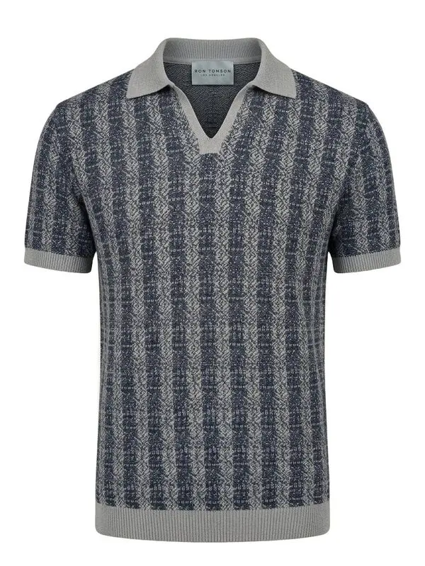 RON TOMSON Textured Knit Polo Shirt Navy - Blue