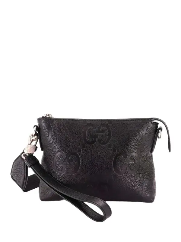 Gucci Zip Messenger Bag Jumbo Gg Embossed Leather Small Clutch Bag - Black