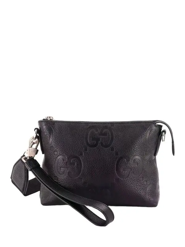 Gucci Zip Messenger Bag Jumbo Gg Embossed Leather Small Clutch Bag - Black