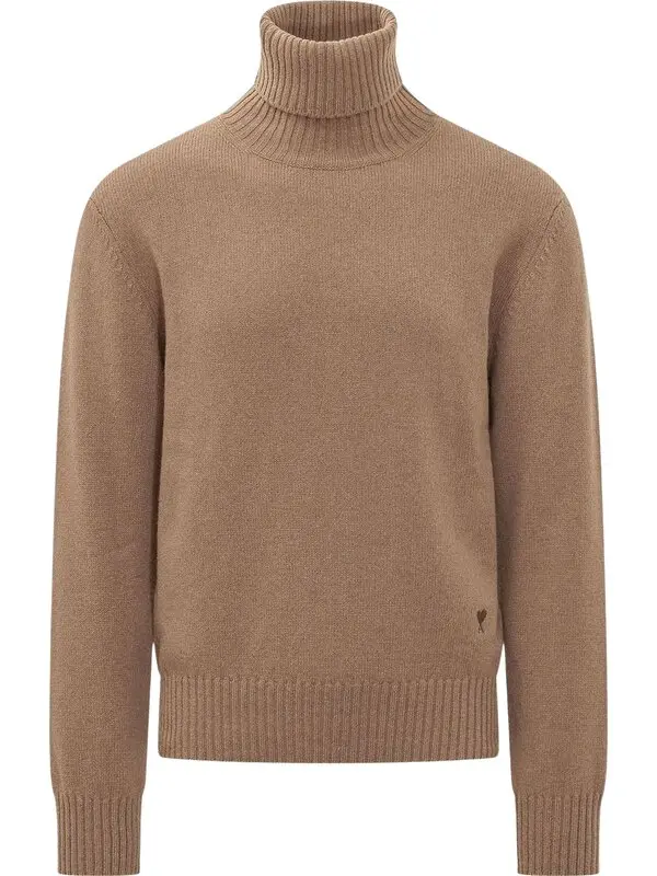 AMI Paris High Neck Knitted Jumper - Beige