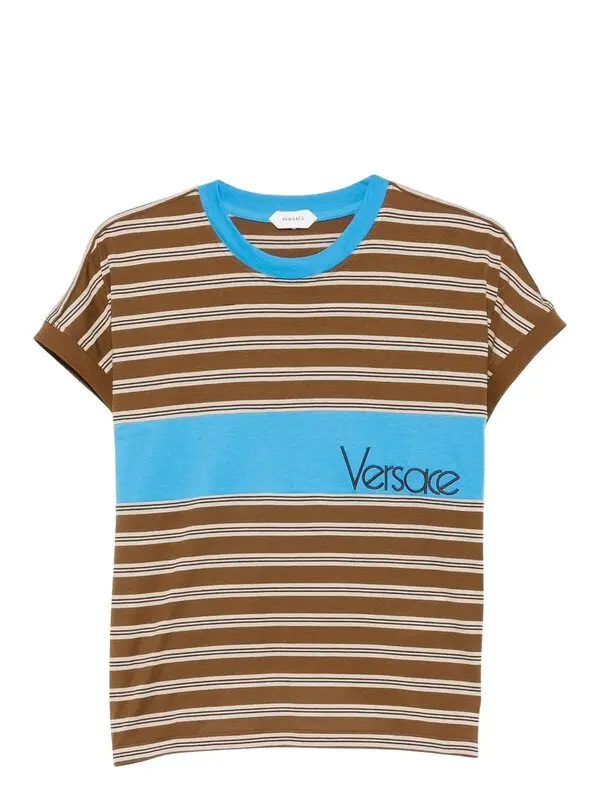 Versace Striped Logo Embroidered Knit T-shirt By - Beige